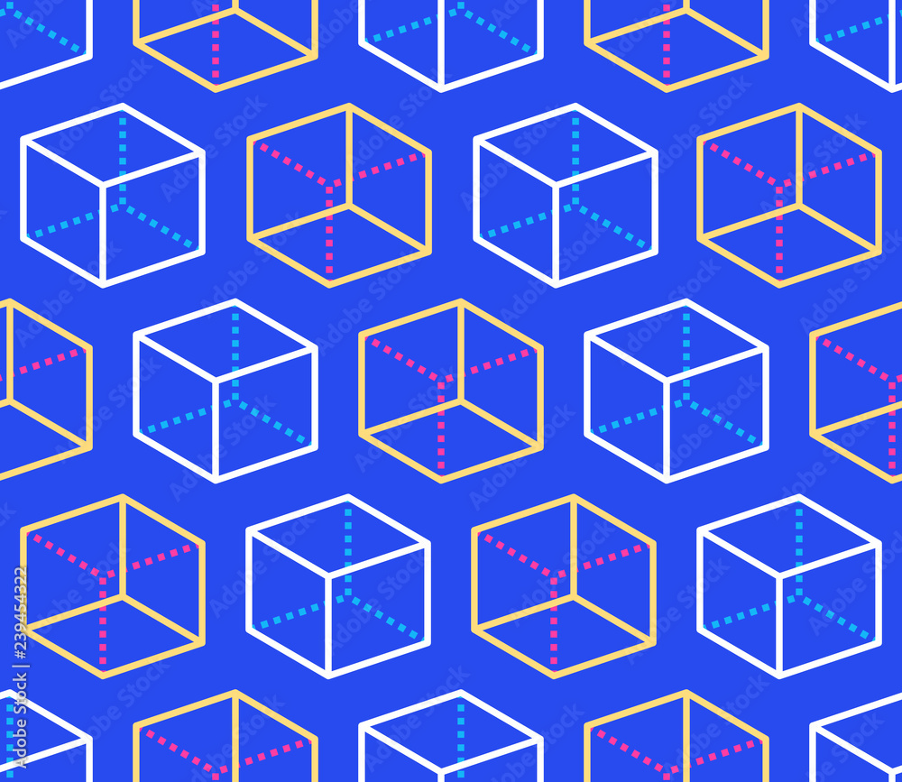 Geometric shapes seamless pattern with flat line icons of cube figure ...