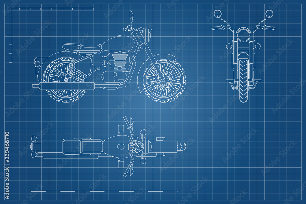 Blueprint of retro classic motorcycle in outline style. Side, top and ...