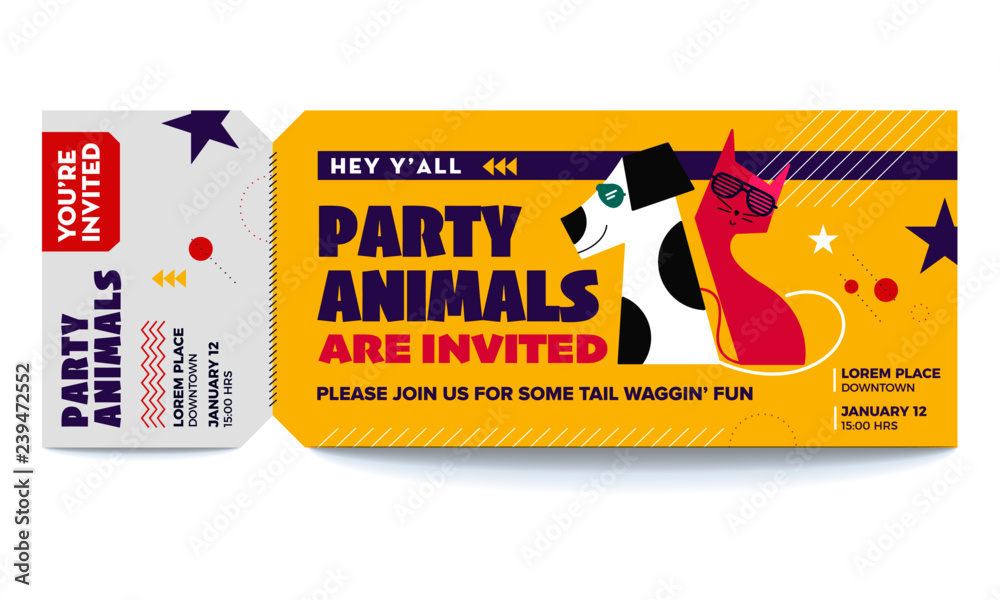 Pet Party Vector Tickets Template. You are Invited Ticket for entrance ...