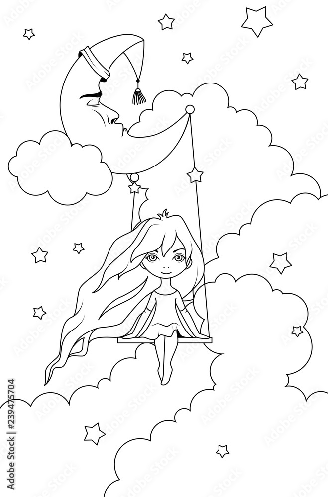 Coloring book: Cute little girl swinging on a crescent in front of ...