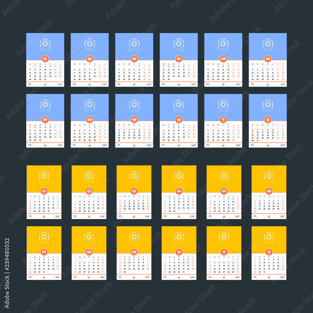 Wall calendar template for 2019 year. Week starts on Sunday. Week ...