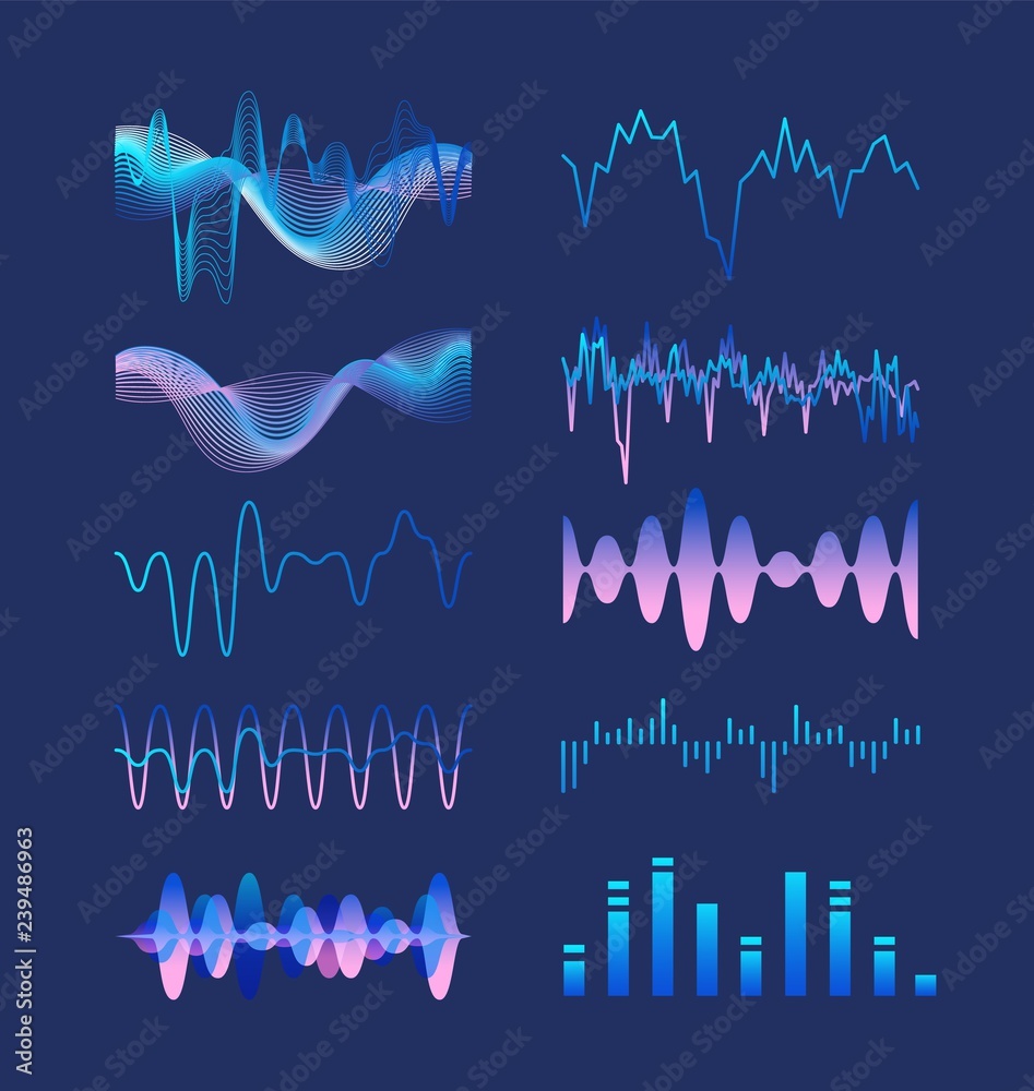 Vecteur Stock Set of various colorful sound music waves, audio or ...