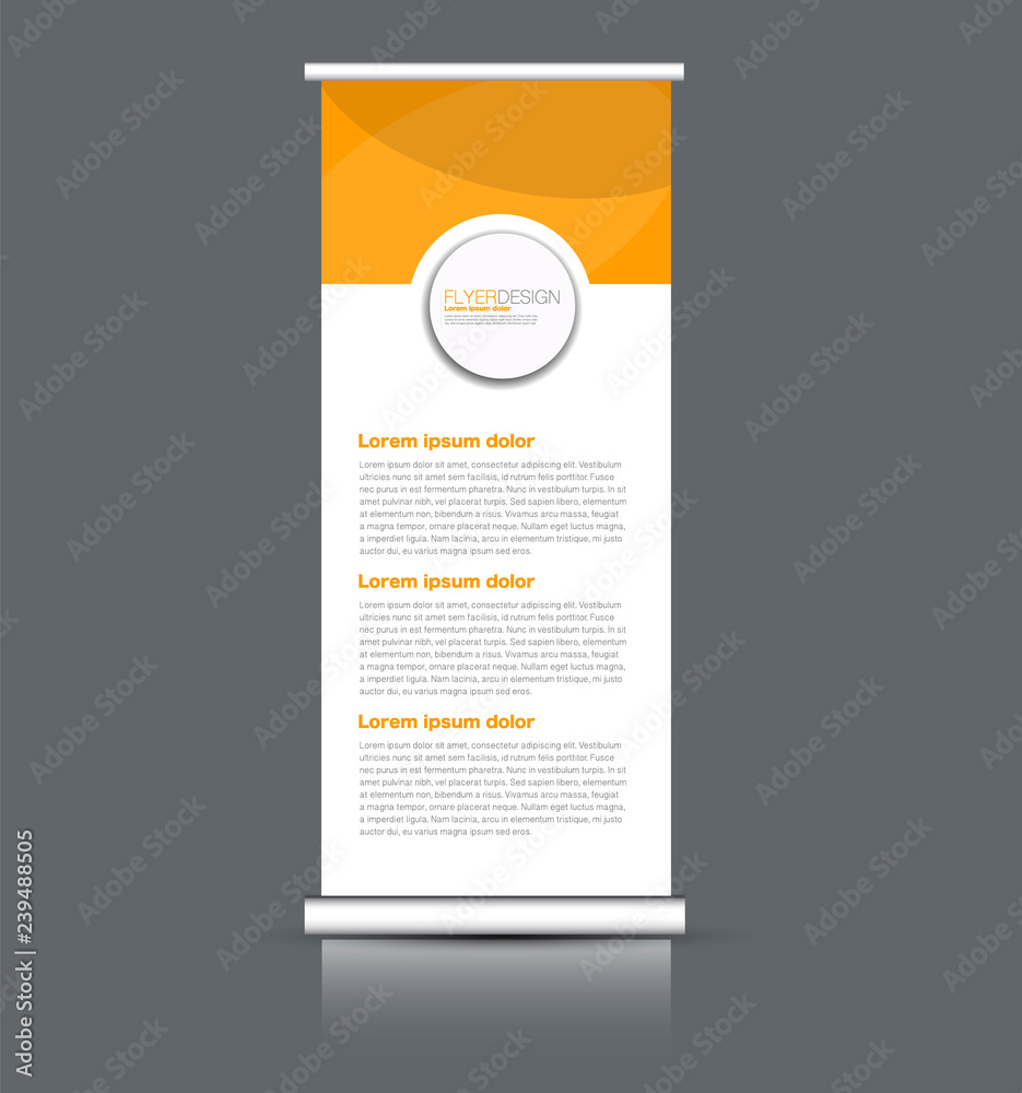 Roll up banner stand. Vertical information board design. Orange color ...