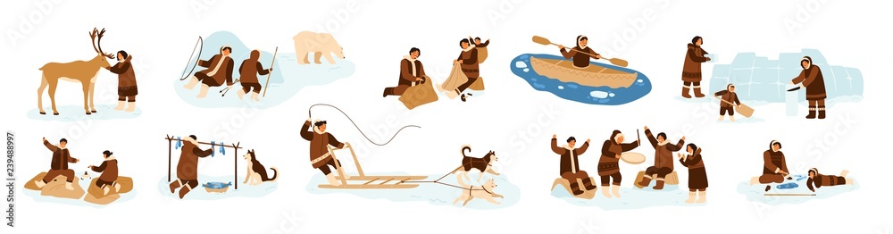 Bundle of Eskimo men, women and children in traditional folk costumes ...