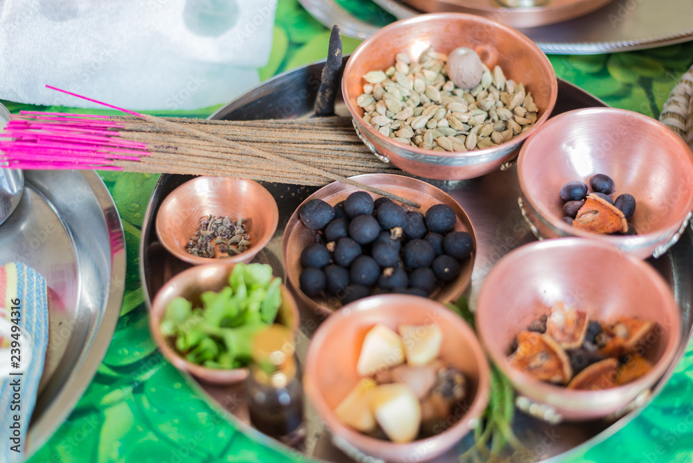 Various ingredients to offer during the fire ceremony Stock Photo ...
