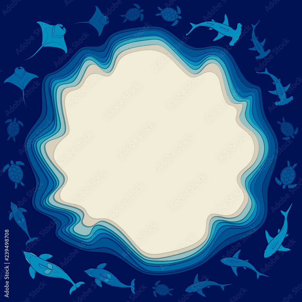Sea background with layers of water, island and sea animals. Vector ...