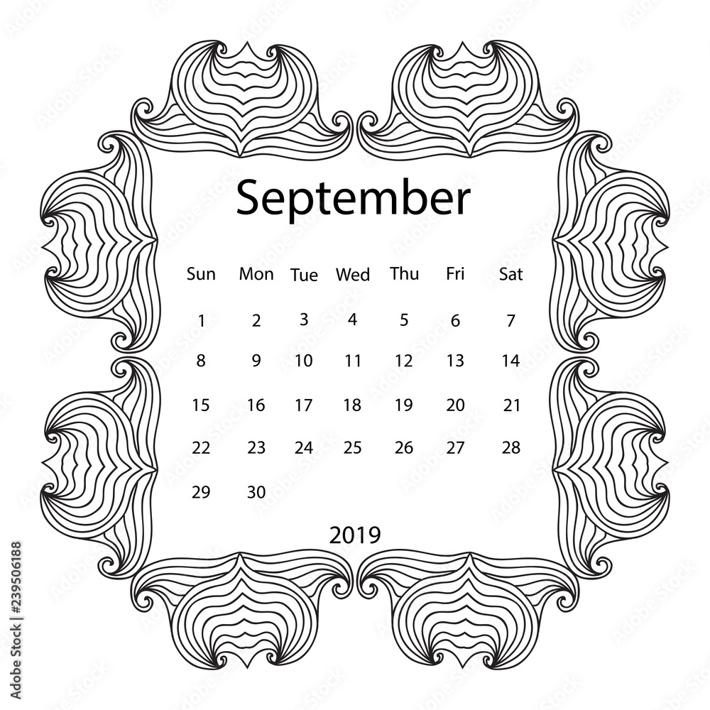 Adult coloring page with monthly calendar of 2019 year isolated on ...