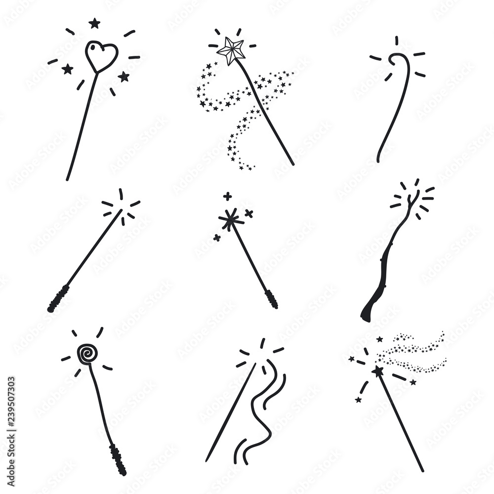 Magic wand doodle set. Vector hand drawn icon collection isolated on a ...