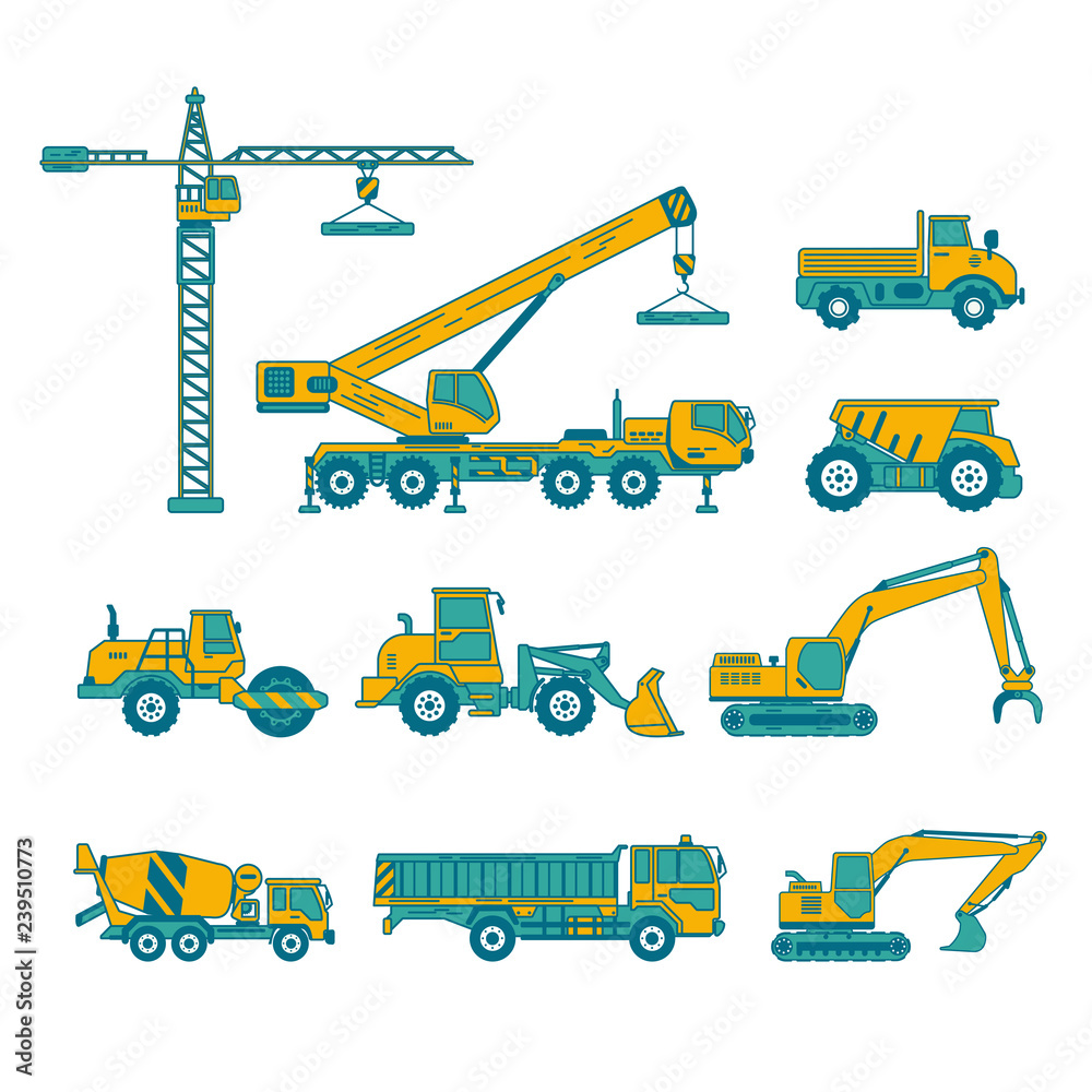 vector of construction machinery comprising with crane, excavator ...