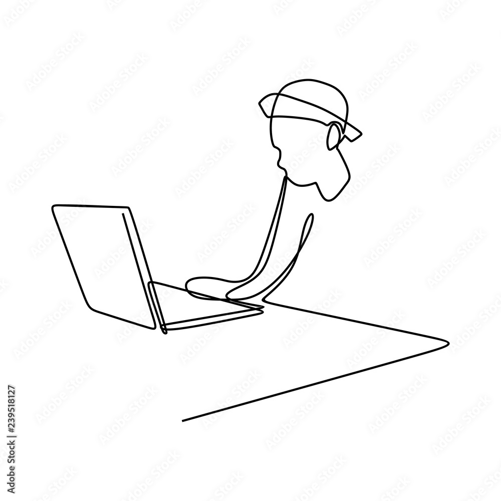 one line drawing vector of a man watching and working in front of a ...