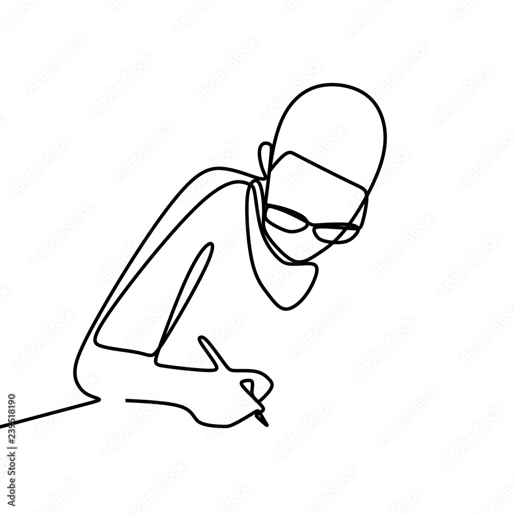 One line drawing of a man wearing glasses study hard writing something ...