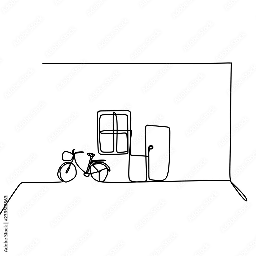 Simple house indoor with bicycle, window, and door. one line drawing ...