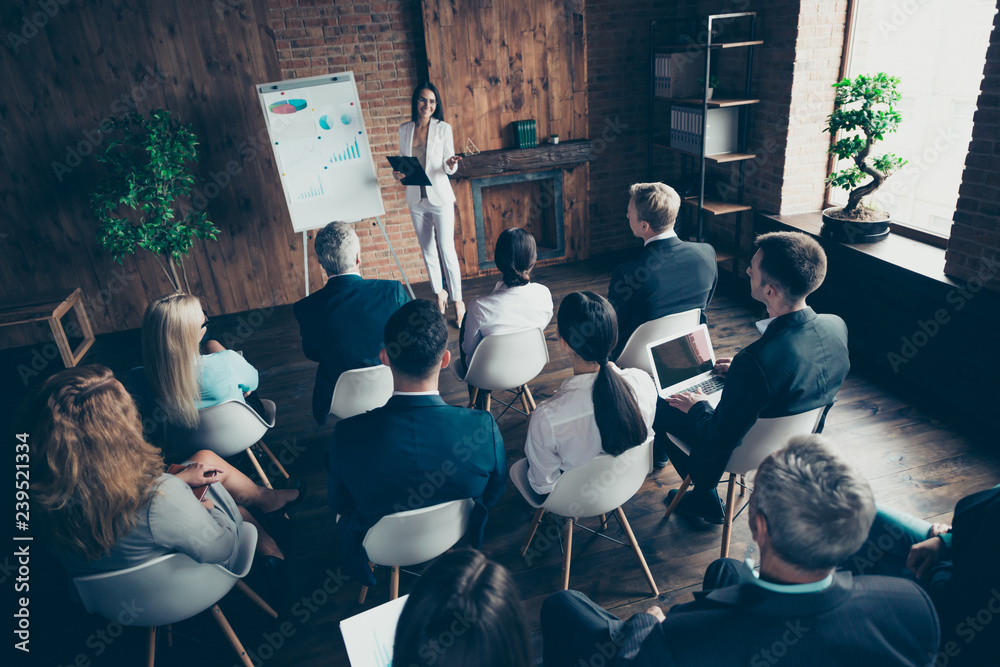 Above high angle view of classy clever smart speaker presenter trainee ...