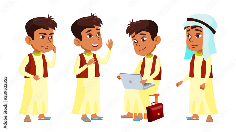 Arab, Muslim Boy Schoolboy Kid Poses Set Vector. Primary School Child ...