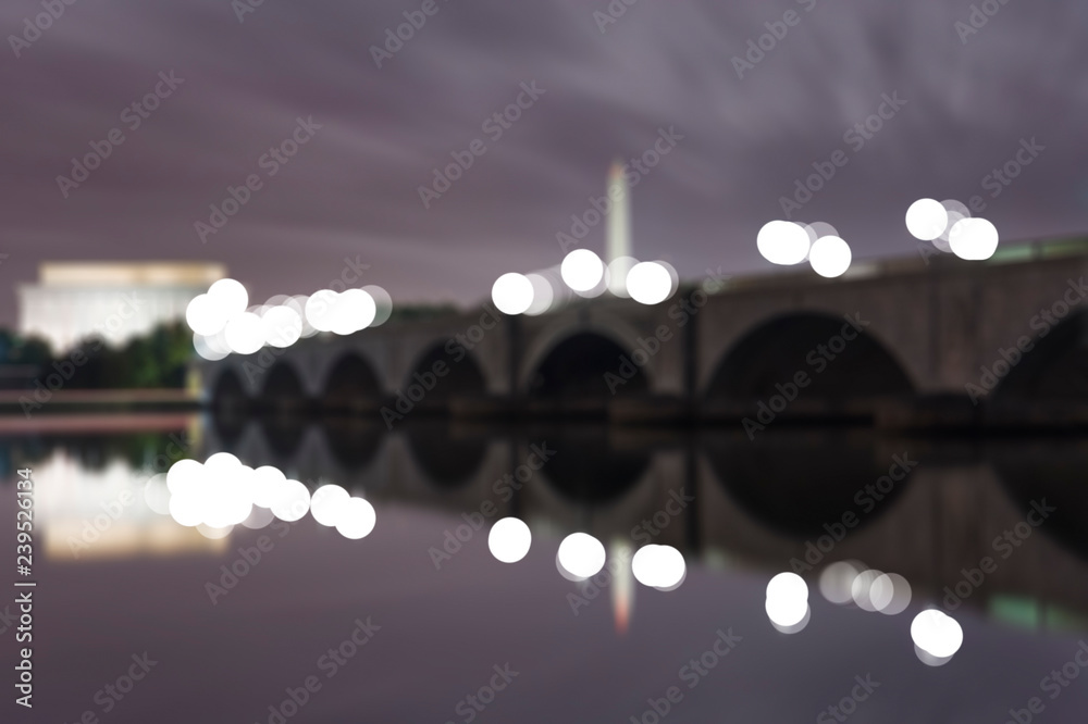 Blurry view of Memorial Bridge with the Lincoln Memorial in Washington ...