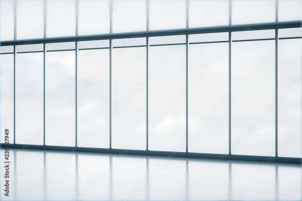 Front big hall and wide window with reflection floor. Sky view and ...