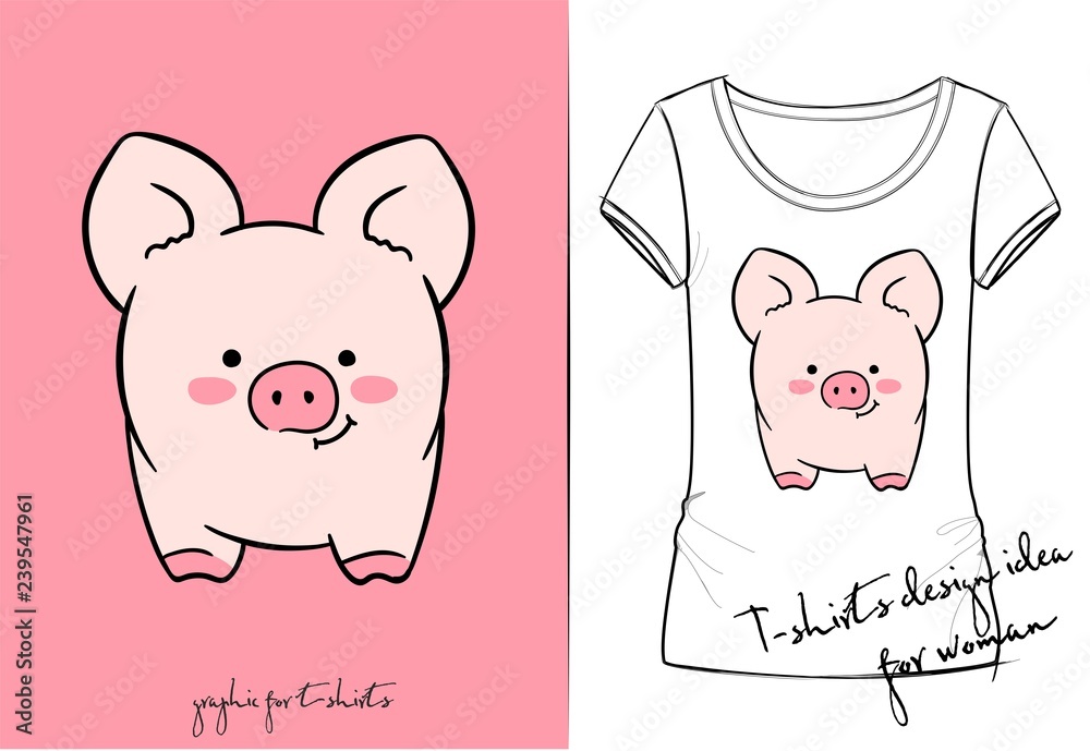 Vector t-shirt of cartoon cute pink pig drawn with a tablet, cute ...