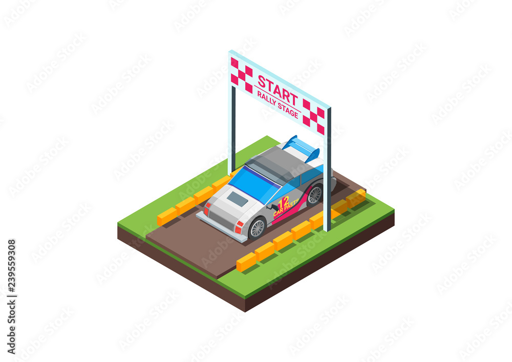 Vector low poly rally racing car in white and red livery on the rally ...