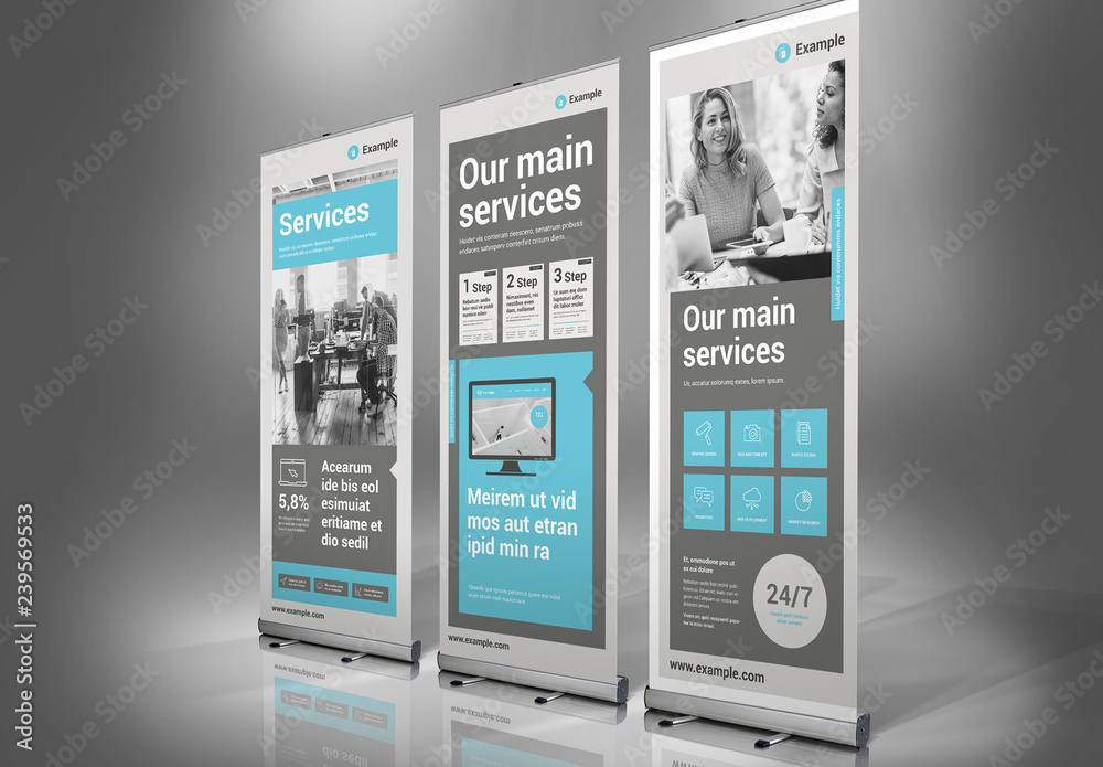 Roll-Up Banner Layout with Cyan Accents Stock Template | Adobe Stock