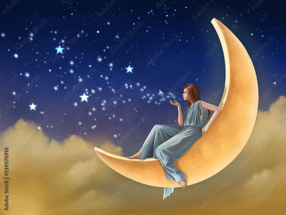 Girl sitting on the moon Stock Illustration | Adobe Stock