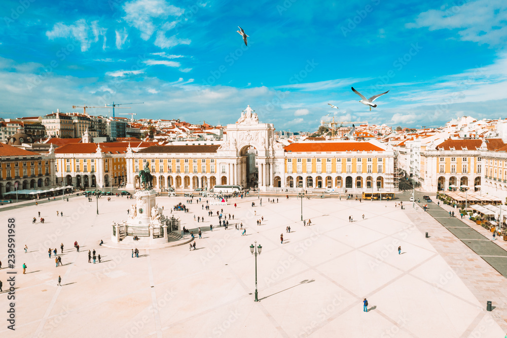 Poster Praca do Comercio (Commerce square) and statue of King Jose I in ...