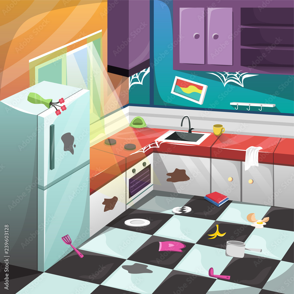 Dirty Kitchen Set Interior Room Furniture with Large Windows ...