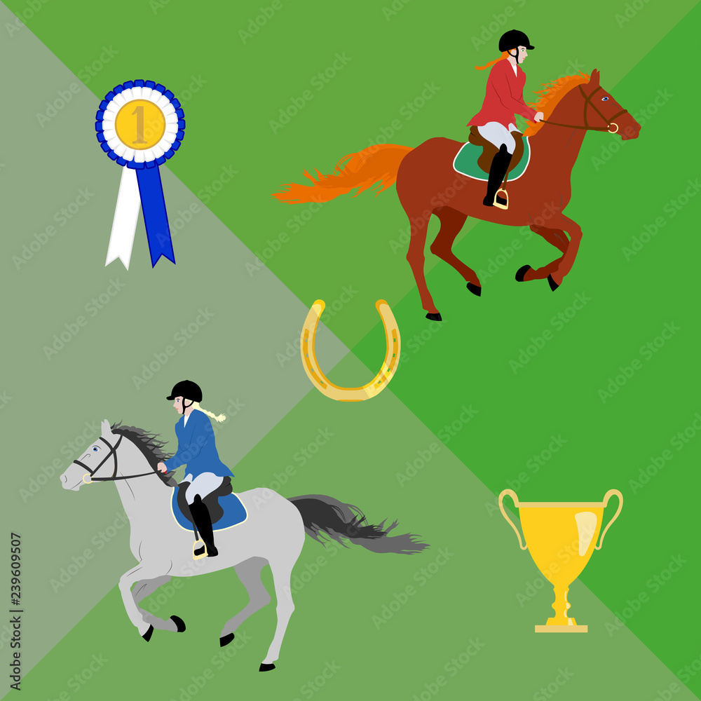 Horse riders in sport uniform riding horses in different colors ...