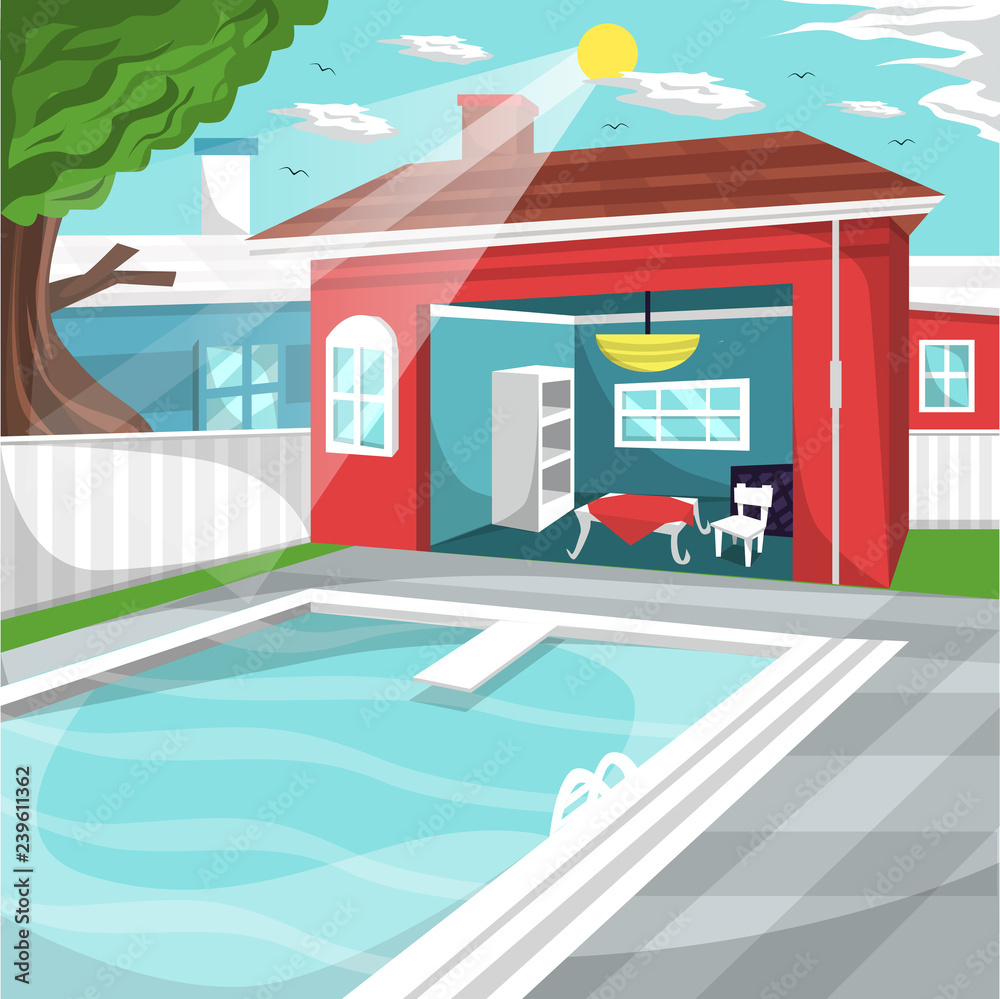 Swimming Pool at Home Backyard with cozy rest area, white table and ...