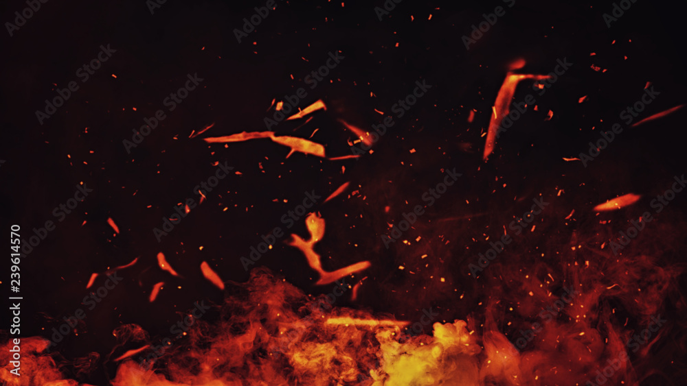 Perftect fire particles embers on background . Smoke fog misty texture ...