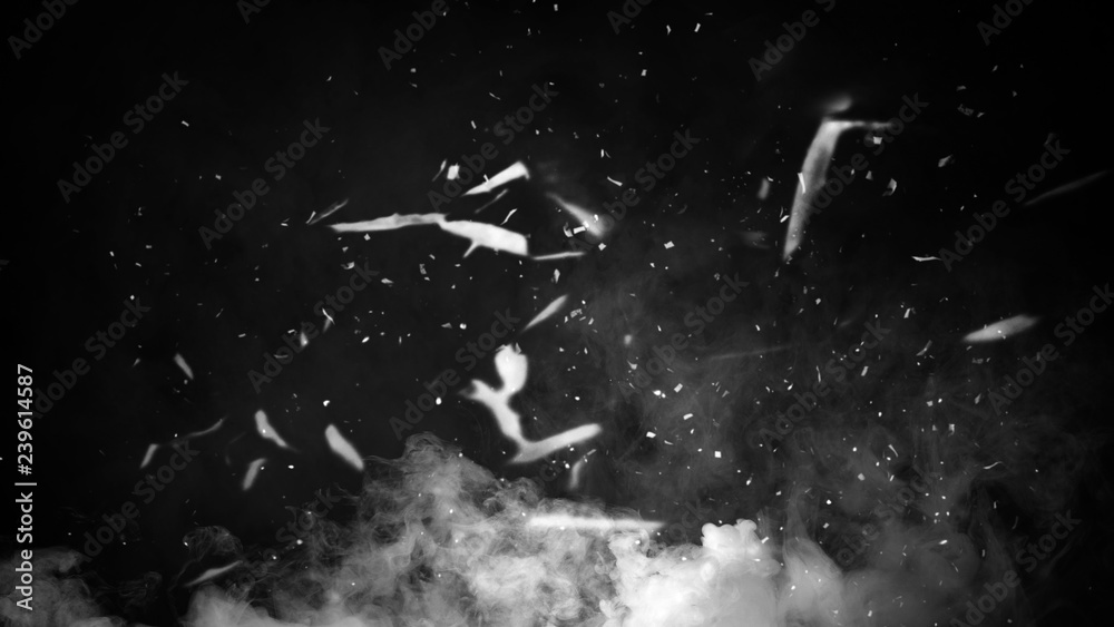 Perftect white fire particles embers on background . Smoke fog misty ...