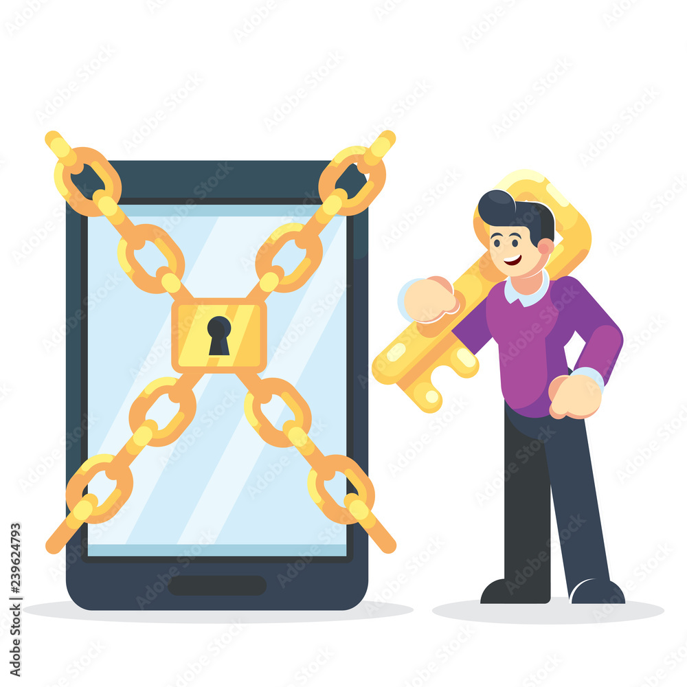 Man characters holding key and unlock privacy smartphone personal data ...