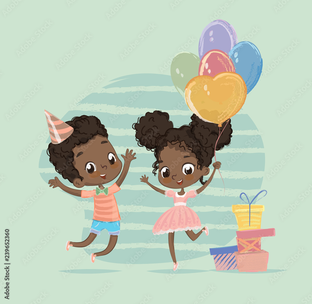 African American Child Birthday Party Character Holding Balloon. Cute ...