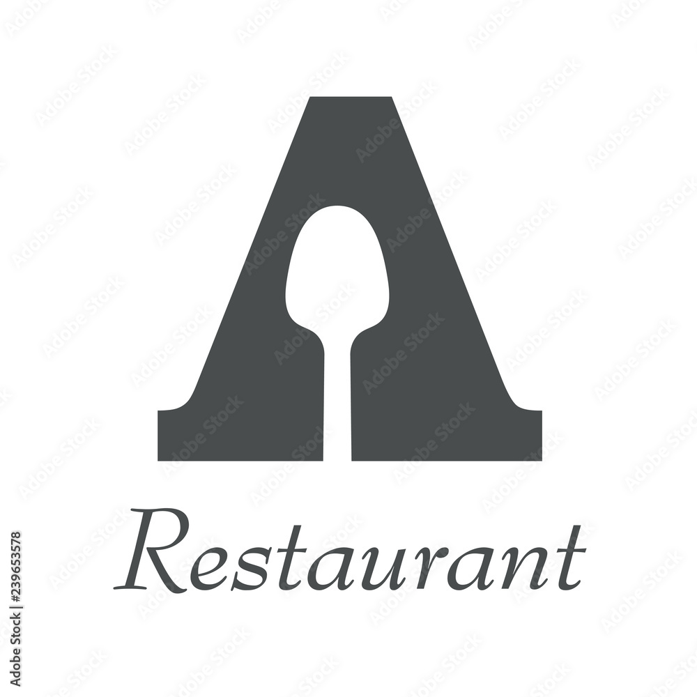 Logotipo con texto Restaurant y letra A mayúscula con cubiertos color ...