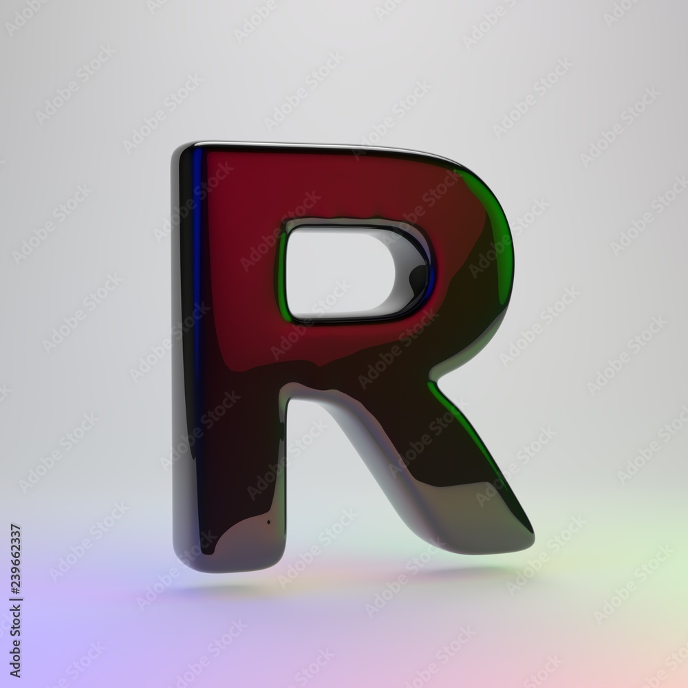 3d letter R uppercase. Black font with red, green and blue lights ...
