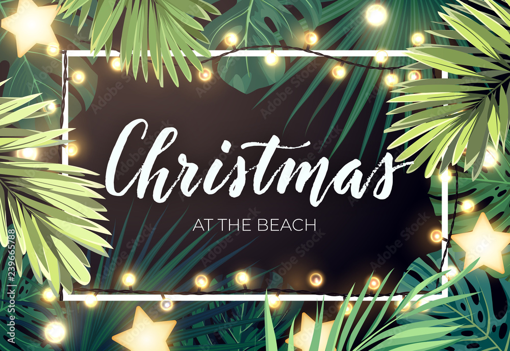 Tropical Christmas on the beach design with monstera palm leaves gold ...