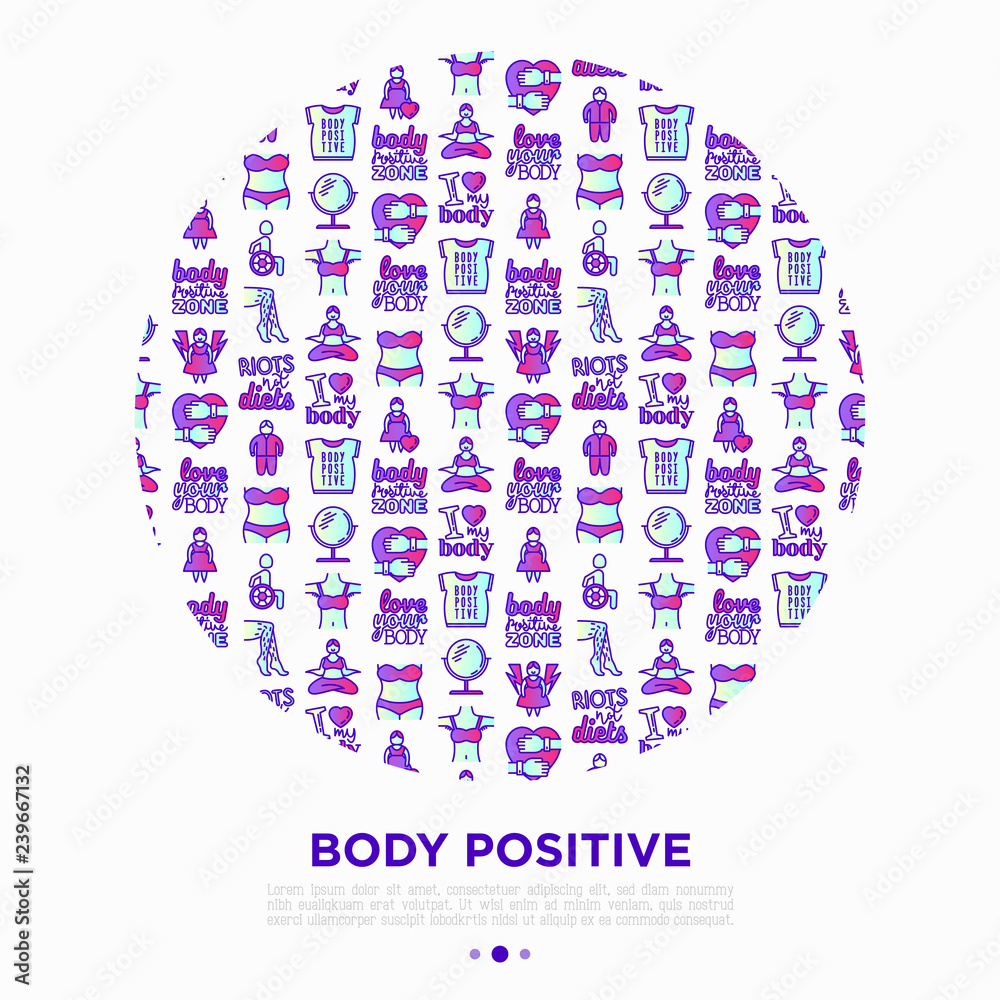 Body positive concept in circle with thin line icons: woman plus size ...