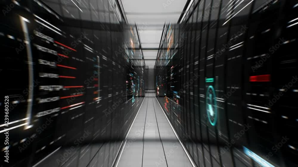 Businessman touching Data cloud server room with various UI, ending ...