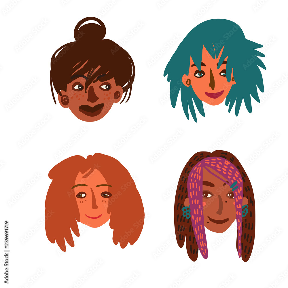 Set of funny cartoon character portraits of happy smiling women of ...