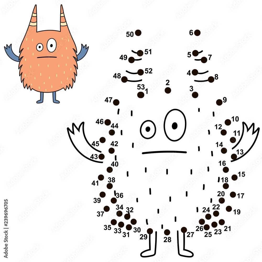 Connect the dots and draw a funny monster. Numbers game for children ...