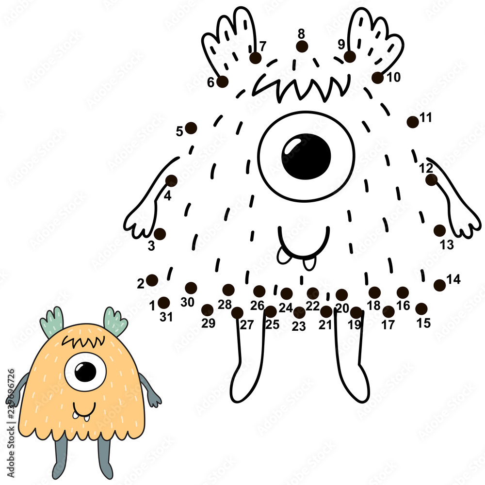 Connect the dots and draw a cute monster. Numbers game for children ...