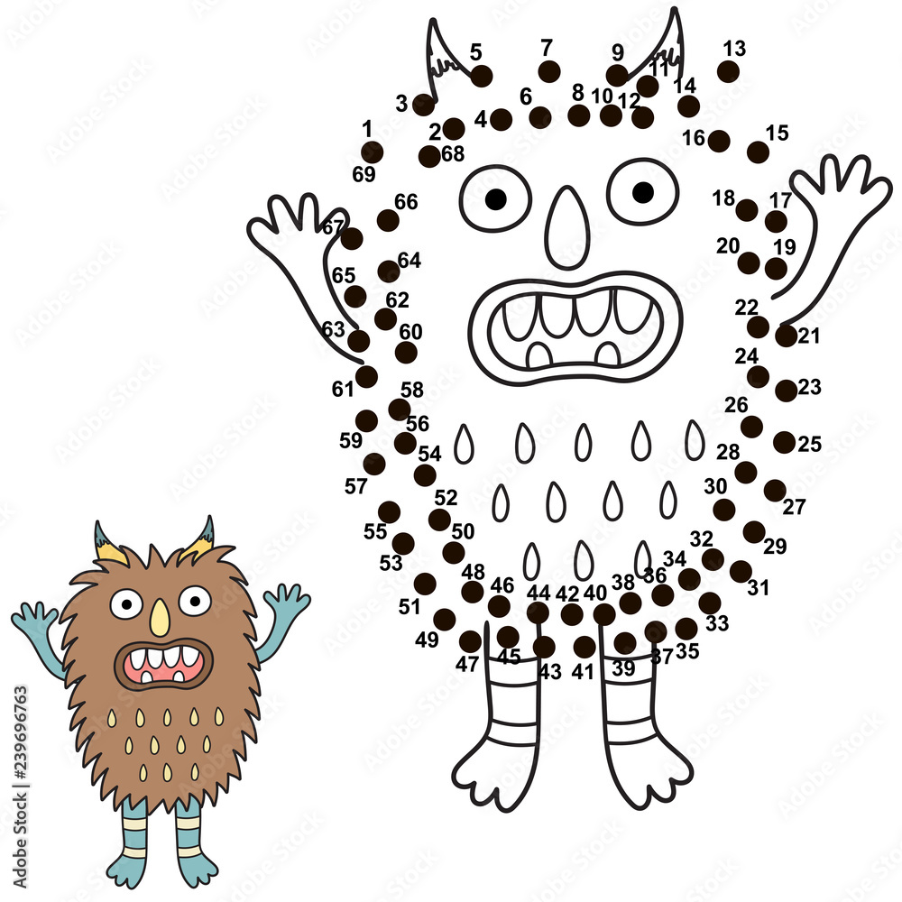 Connect the dots and draw a cute monster. Numbers game for children ...