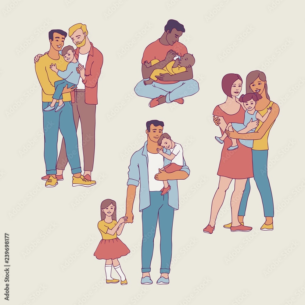 Gay family vector illustration set with happy men and women with their ...