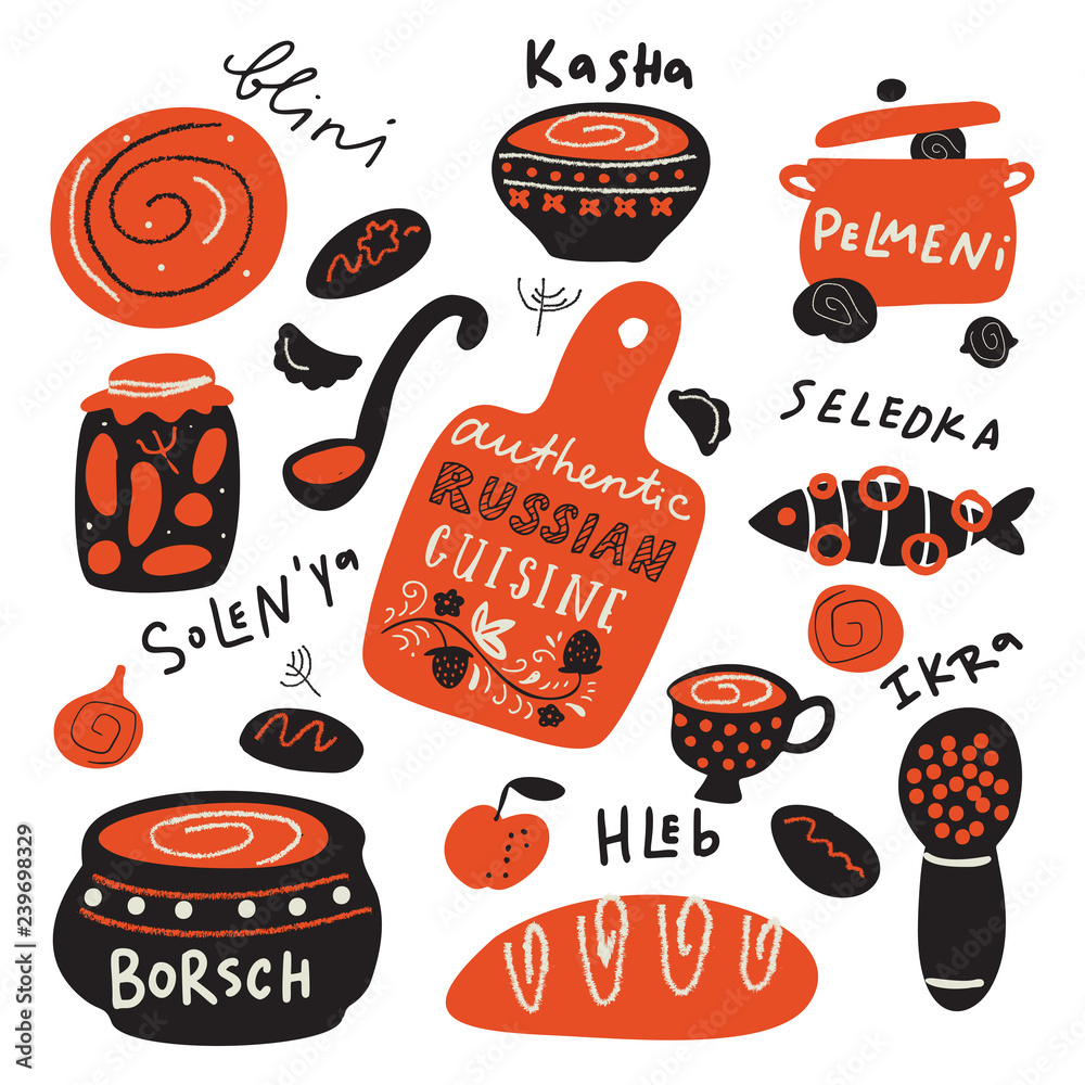 Authentic Russian Cuisinefunny Hand Drawn Illustration With Food Elements And Name Of Dishes