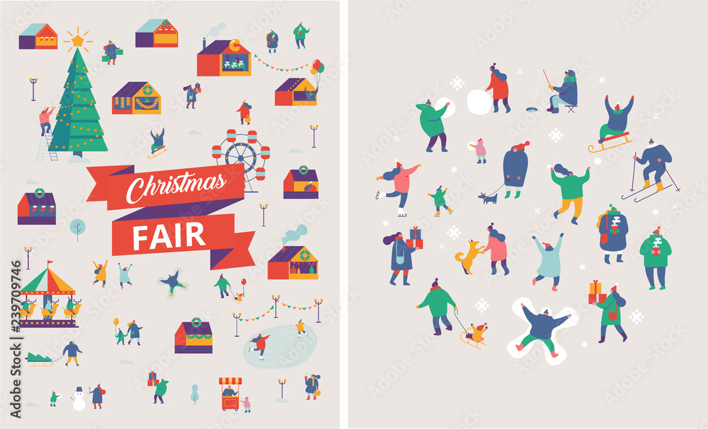 Christmas market and holiday fair posters. Winter season background ...