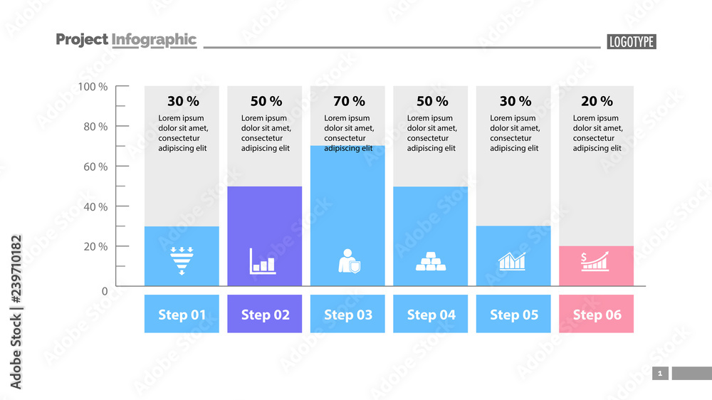 Six columns bar chart slide template. Business data. Percent, diagram ...