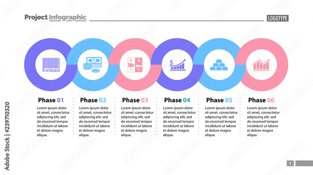 Six phases timeline slide template. Business data. Graph, chart, design ...