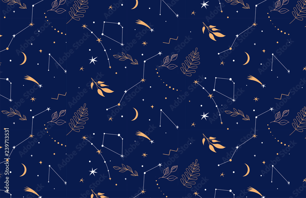 Constellations seamless pattern. Night background with stars, planents ...