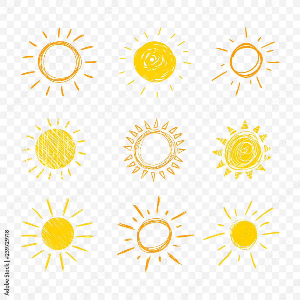 Vector Doodle Sun, Set of Hand Drawn Funny Icons on Transparent ...