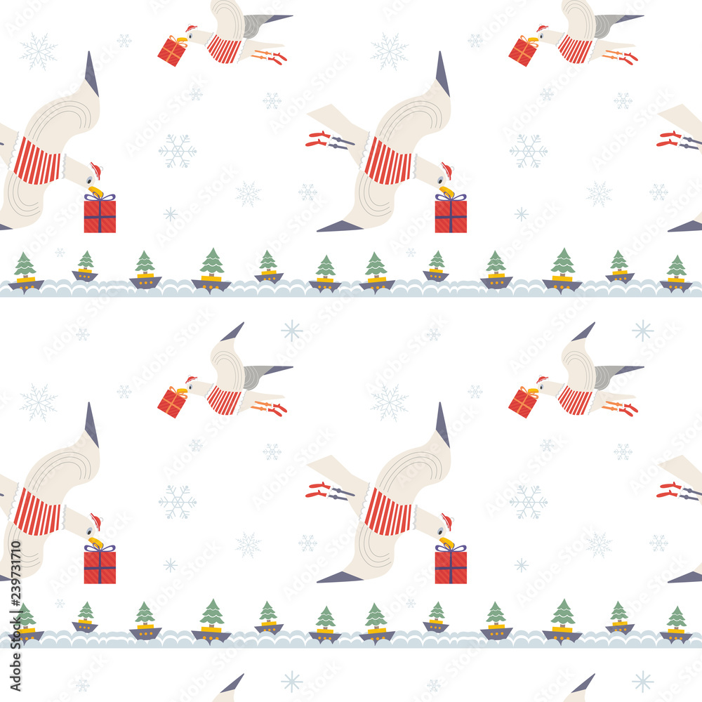 Christmas quirky seagulls with gifts seamless pattern. Cute hand drawn ...