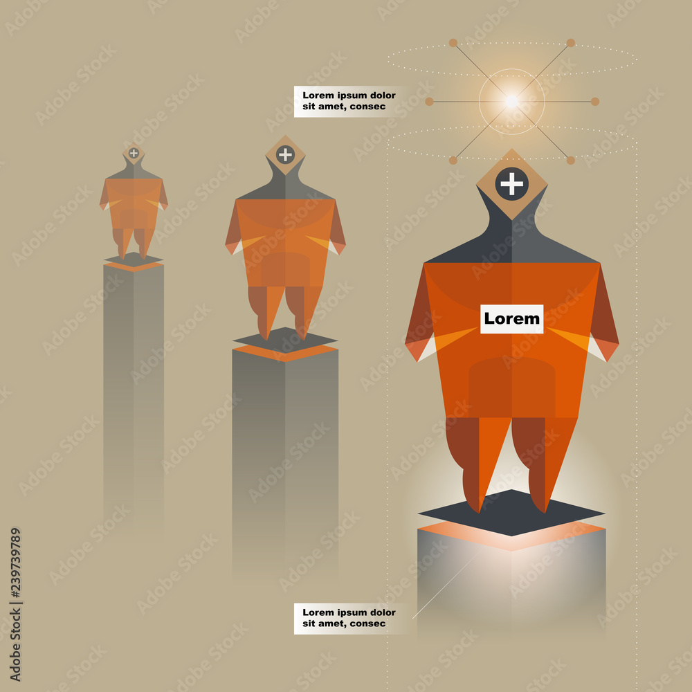 Gold Standard vector character on podium having idea with glow box ...